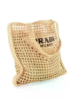 Prada Open Raffia Tote Bag With Triangle Logo