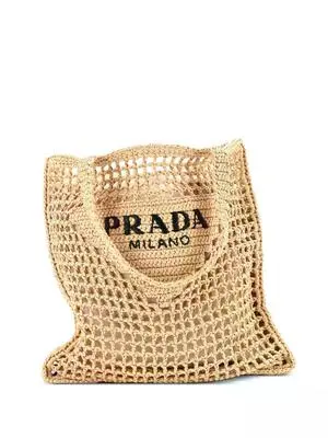 Prada Open Raffia Tote Bag With Triangle Logo - Neutrals