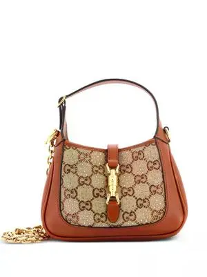 Gucci Jackie 1961 Chain Crystal Embellished Gg Canvas Mini Hobo Bag - Brown