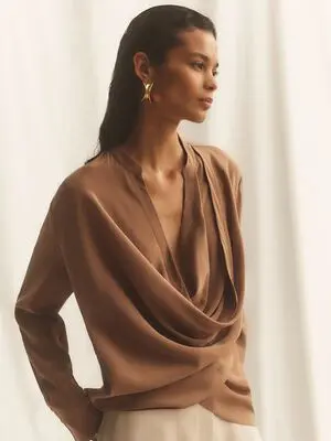 REISS Matte Silk Draped Shirt - Camel