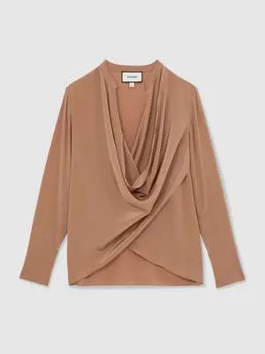 REISS Lauren Matte Silk Draped Shirt - Camel