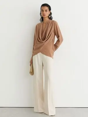 REISS Lauren Matte Silk Draped Shirt - Camel