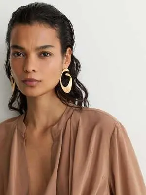 REISS Lauren Matte Silk Draped Shirt - Camel