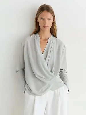 REISS Lauren Matte Silk Draped Shirt - Grey