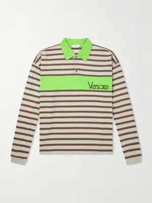Versace Polo Striped Cotton Jersey Polo Shirt - Neutrals