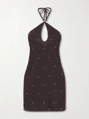 Staud Isola Embellished Crocheted Cotton Halterneck Mini Dress - Brown