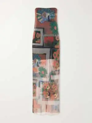 Staud Liliana Beaded Printed Tulle Maxi Dress - Multi