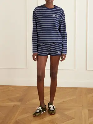 SPORTY & RICH Logo-embroidered Striped Cotton-jersey Shorts