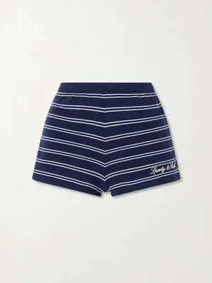SPORTY & RICH Logo-embroidered Striped Cotton-jersey Shorts - Navy