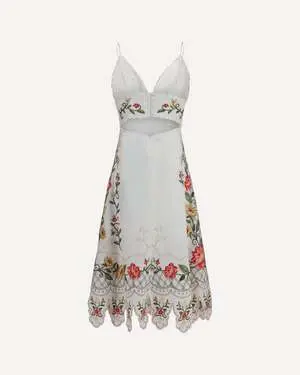 Farm Rio Embroidered Midi Dress With Asymmetrical Hem