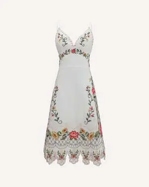 Farm Rio Embroidered Midi Dress With Asymmetrical Hem