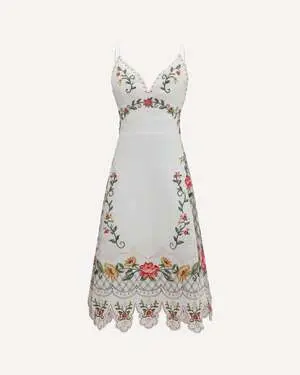 Farm Rio Embroidered Asymmetrical Hem Midi Dress