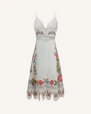 Farm Rio Embroidered Asymmetrical Hem Midi Dress