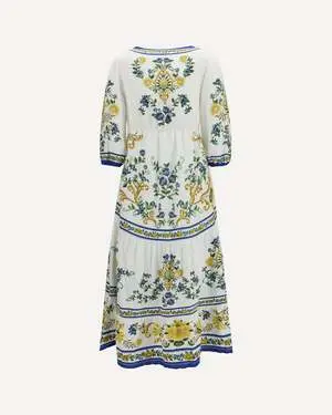 Farm Rio Emily Floral Print Tiered Midi Dress With V-neck And Drawstring