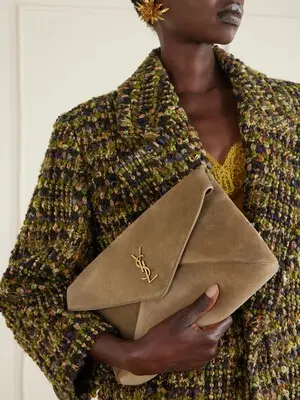 Saint Laurent Cassandre Suede Clutch - Brown