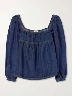 Saint Laurent Gathered Denim Blouse - Blue