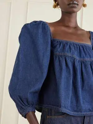 Saint Laurent Gathered Denim Blouse
