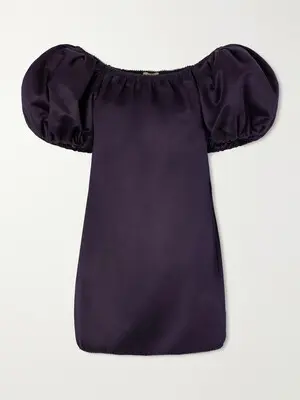 Saint Laurent Off-the-shoulder Gathered Cotton-satin Mini Dress - Blue