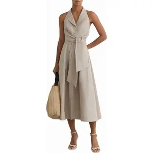 REISS Tara Sleeveless Linen Midi Dress - Neutral