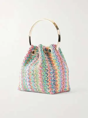 JIMMY CHOO Bon Bon Striped Woven Raffia Bucket Bag