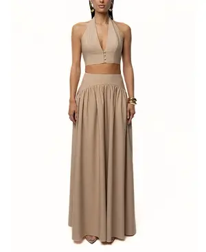 JLUXLABEL Haven Skirt Set Sleeveless Halter Top & Maxi Skirt - Tan