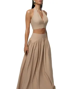 JLUXLABEL Haven Skirt Set Sleeveless Halter Top & Maxi Skirt - Tan