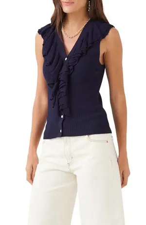 Karen Kane Ruffle Detail Rib Sleeveless Sweater - Navy