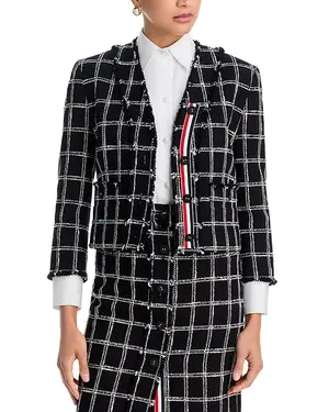 Thom Browne Windowpane Houndstooth Tweed V Neck Cardigan Jacket - Black