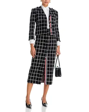 Thom Browne Windowpane Houndstooth Tweed V Neck Cardigan Jacket