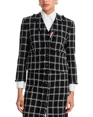 Thom Browne Windowpane Houndstooth Tweed V Neck Cardigan Jacket