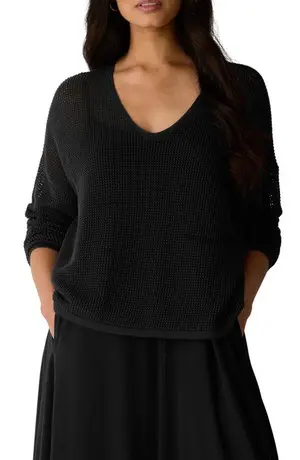 Eileen Fisher V-neck Open Knit Sweater - Black