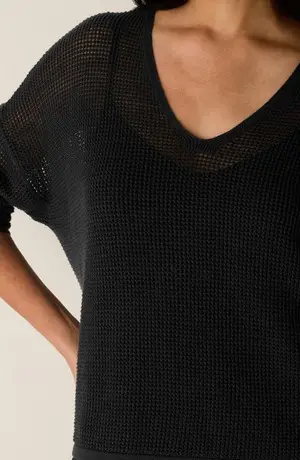 Eileen Fisher V-neck Open Knit Sweater - Black