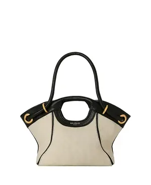 Balmain Small Tote In Smooth Leather And Canvas - Beige