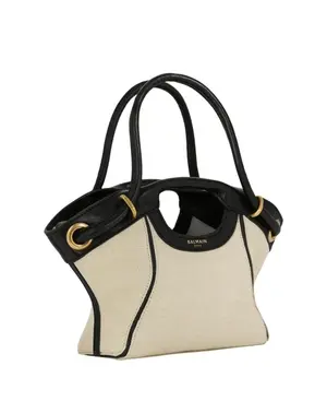 Balmain Small Tote In Smooth Leather And Canvas - Beige