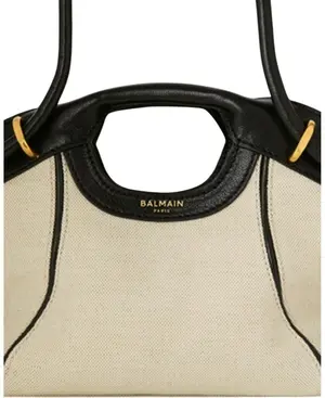Balmain Small Tote In Smooth Leather And Canvas - Beige