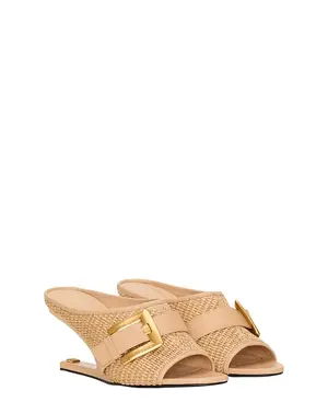 Balmain Anthem No Wedge Mules In Smooth Leather And Raffia - Beige