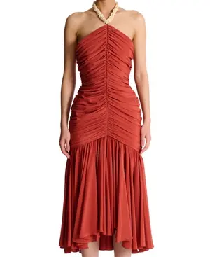 Balmain Halterneck Ruched Midi Dress