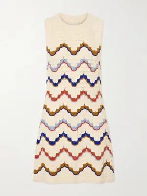 Escvdo ESCVDO Alma Striped Crocheted Cotton Mini Dress Neutrals