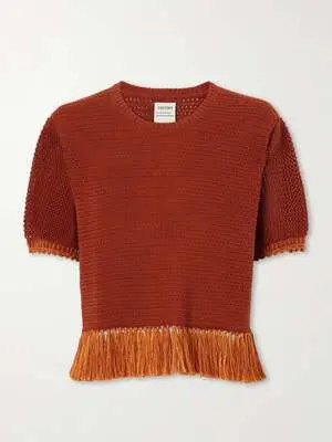 Escvdo Amada Crocheted Cotton T-shirt With Fringe Detail - Brick