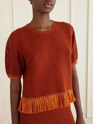 Escvdo Amada Crocheted Cotton T-shirt With Fringe Detail - Brick