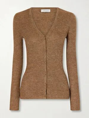 Gabriela Hearst Ribbed Cashmere, Silk, And Hemp-blend Cardigan - Metallic