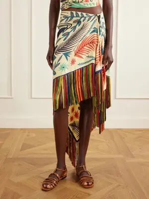 Etro Asymmetric Fringed Printed Silk Mini Skirt - Neutrals