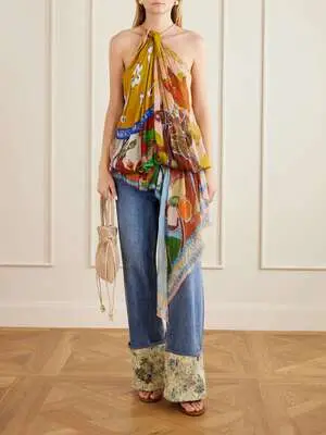 ALEMAIS Mlak Asymmetrical Printed Organza Halterneck Tank