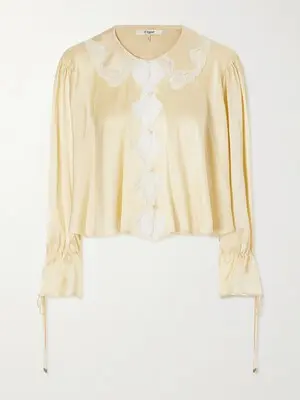 Chloé Cropped Lace-trimmed Silk-satin Blouse - Yellow