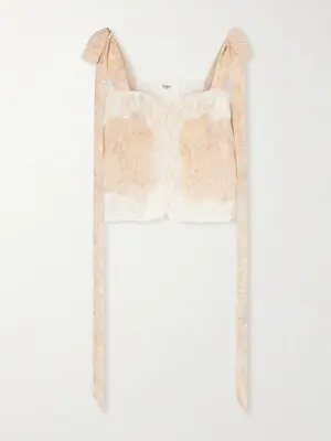 Chloé Cropped Floral-print Silk-charmeuse Top With Lace Trim And Bow Detail - Pink