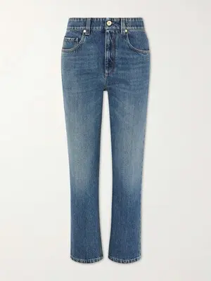 Brunello Cucinelli Cropped Embellished Straight-leg Jeans - Blue