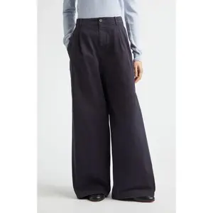 JIL SANDER Pleated Cotton Drill Wide Leg Pants - Midnight