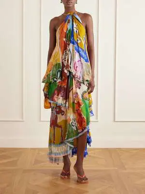 ALEMAIS Mlak Draped Printed Organza Halterneck Midi Dress