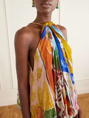 ALEMAIS Mlak Draped Printed Organza Halterneck Midi Dress