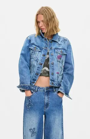 Desigual Floral Embroidered Butterfly Appliqué Wide Leg Jeans